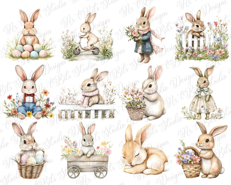 Easter Bunny Watercolor Clipart – Floral Rabbits, Cottagecore Bunnies ...