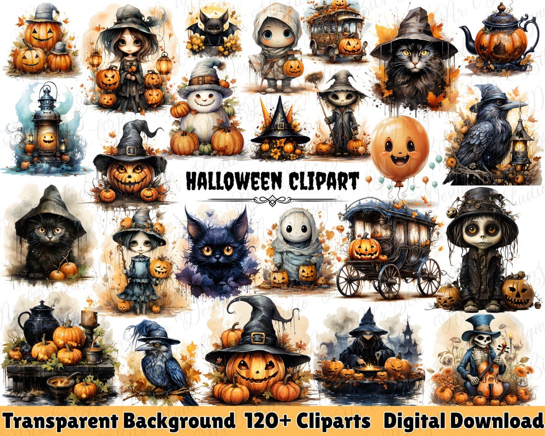 Watercolor Halloween Clipart | Kawaii Ghost, Witch, Zombie, Bat PNG ...
