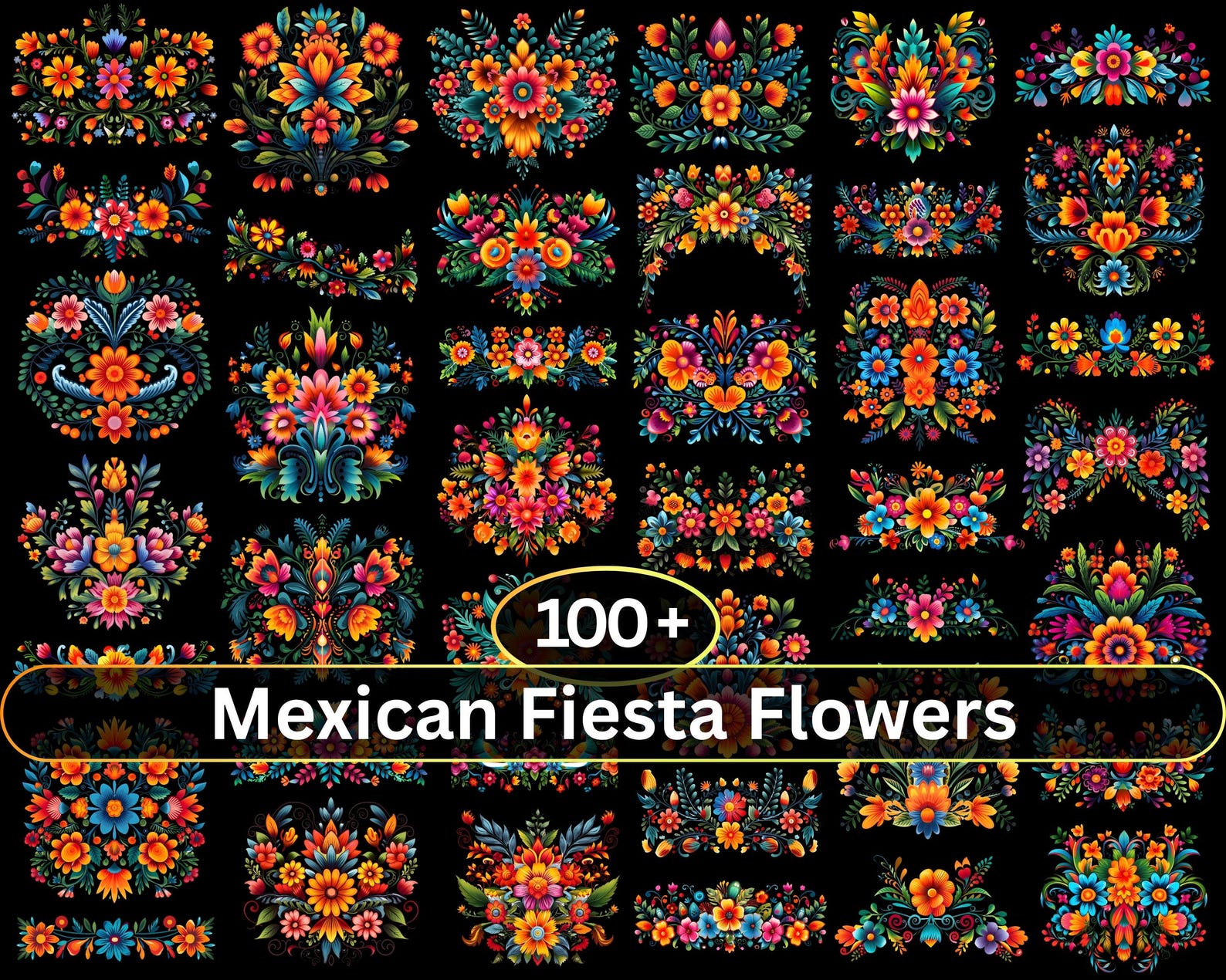 Watercolor Mexican Fiesta Flowers Clipart: Otomi Floral PNG, Commercial ...