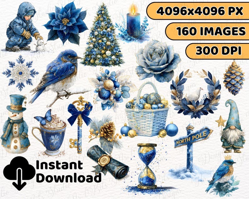 Blue Christmas Clipart, Watercolor Winter Holiday Pngs, Festive ...