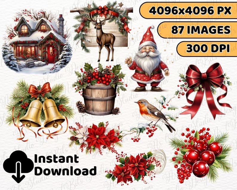 Watercolor Christmas Clipart , Holiday PNG, Christmas Ornaments, Cozy ...