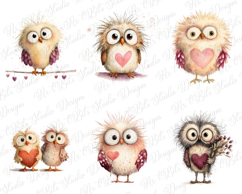 Valentine Day Owl Clipart, Watercolor Valentines Owl Pngs, Whimsical ...