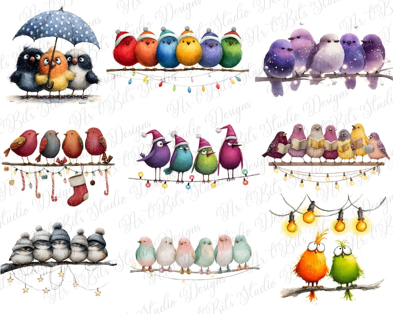 Whimsical Christmas Birds Clipart: Funny Watercolor PNG (digital ...
