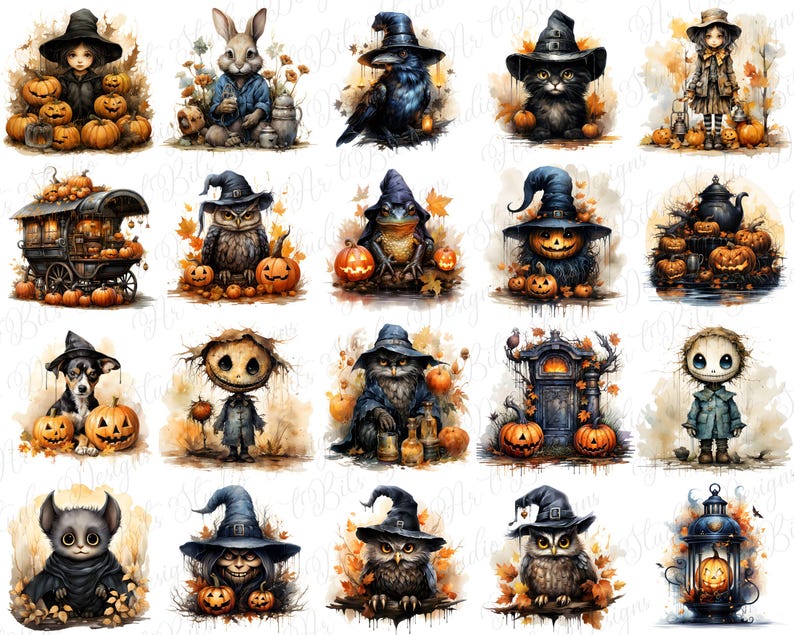 Watercolor Halloween Clipart | Kawaii Ghost, Witch, Zombie, Bat PNG ...