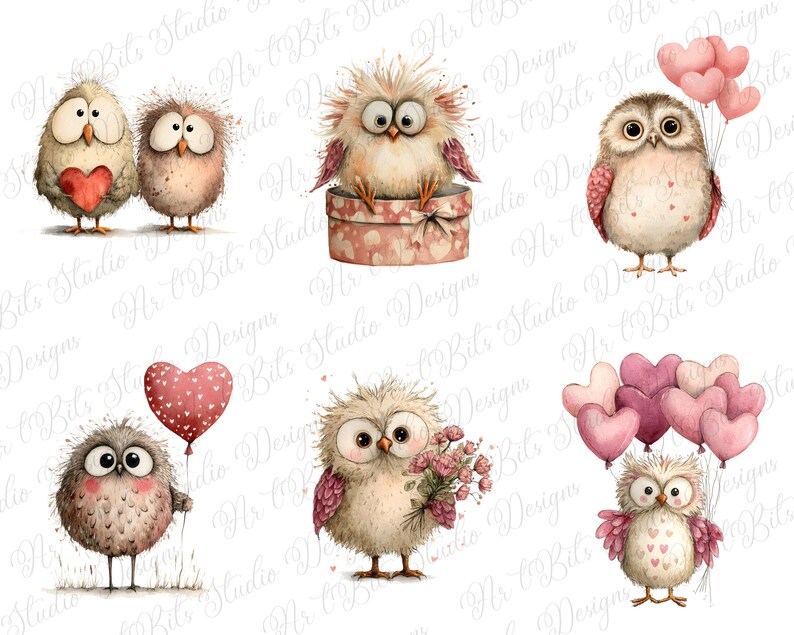 Valentine Day Owl Clipart, Watercolor Valentines Owl Pngs, Whimsical ...
