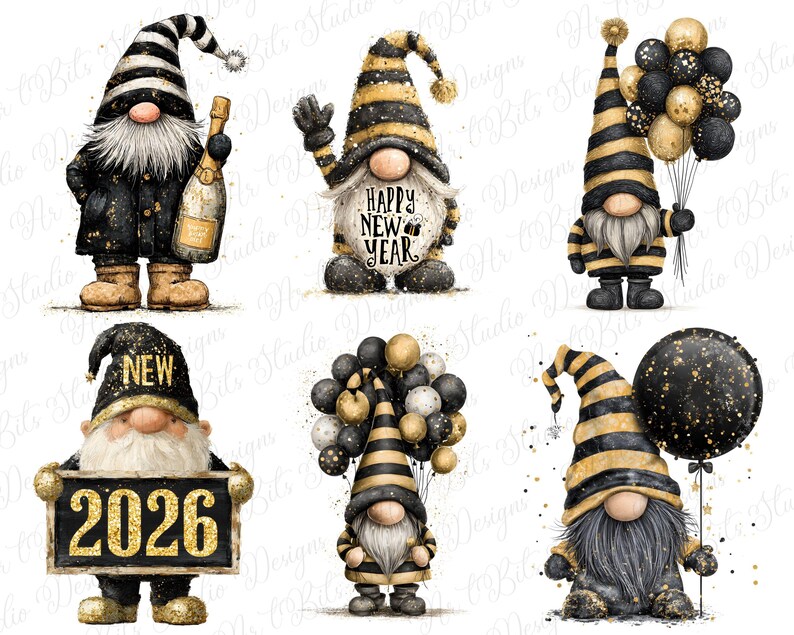 Watercolor New Year Gnomes Clipart | Festive 2026 PNG (digital Download ...