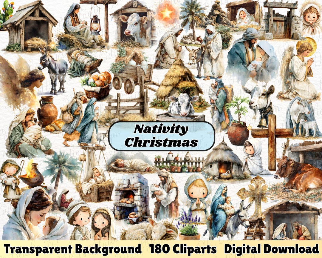 Nativity Christmas Clipart, Biblical Scene Digital Art, Jesus Birth ...