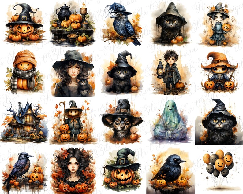 Watercolor Halloween Clipart | Kawaii Ghost, Witch, Zombie, Bat PNG ...