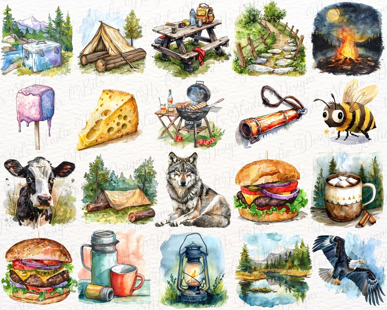 Camping Clipart, Watercolor Adventure PNG, Mountain Landscape, Tent ...
