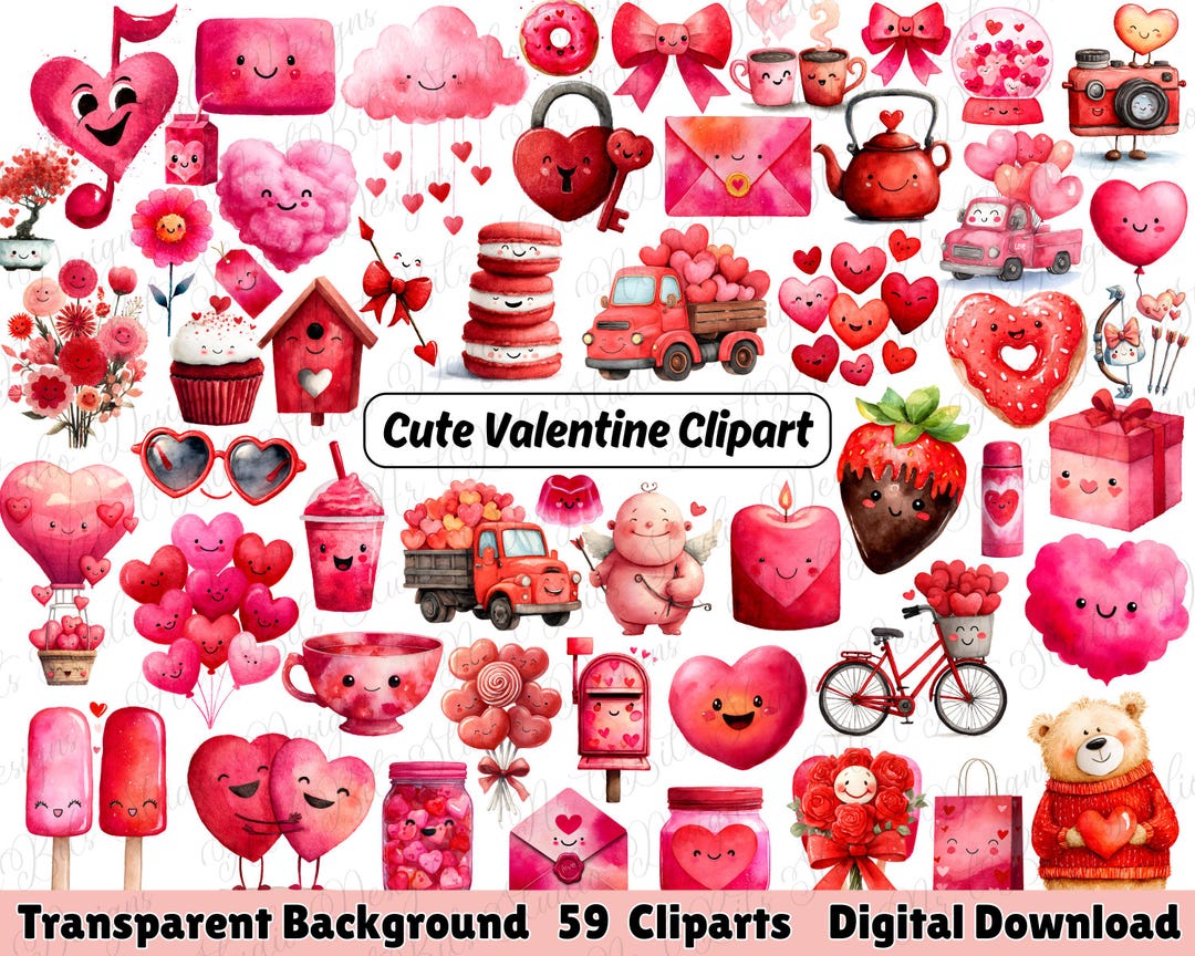 Kawaii Valentine Clipart Bundle | Kawaii Valentines Day Pngs | Heart ...