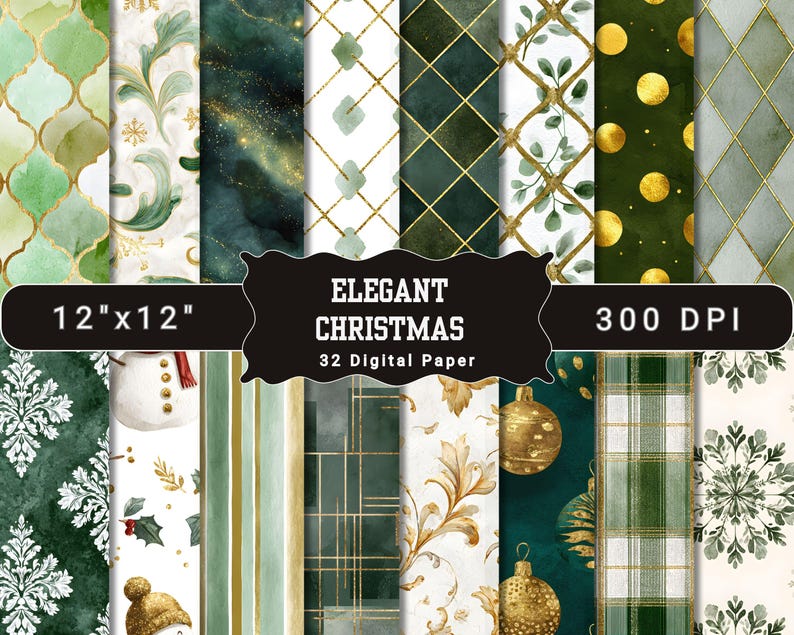Elegant Christmas Digital Paper | Watercolor Green Gold Backgrounds ...