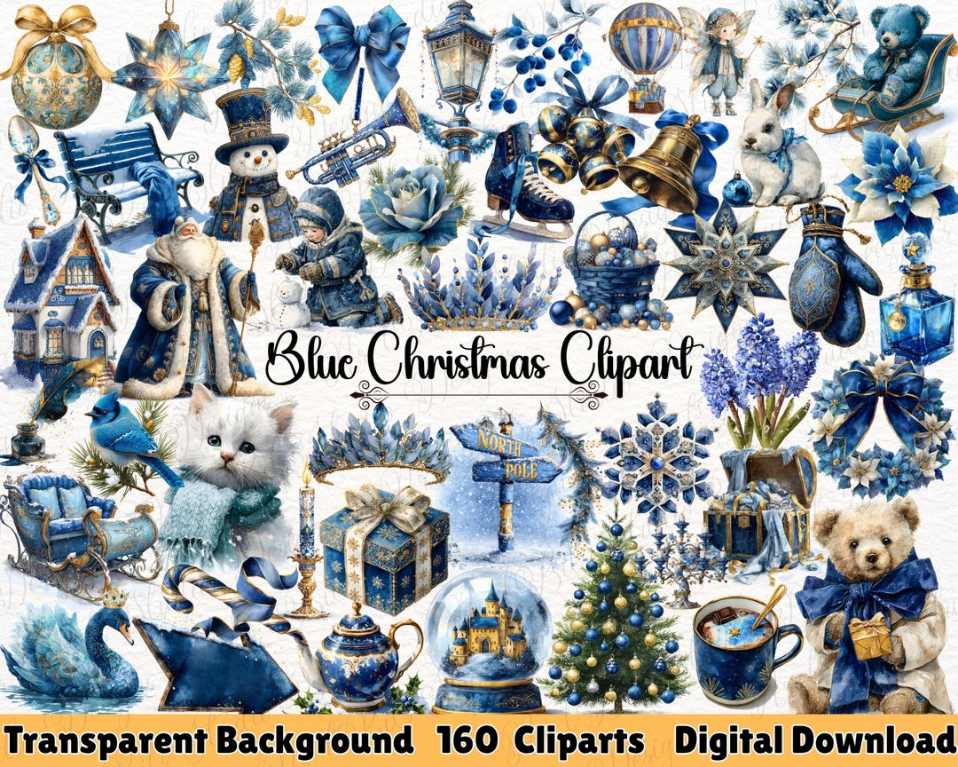 Blue Christmas Clipart, Watercolor Winter Holiday Pngs, Festive ...