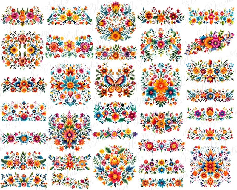 Watercolor Mexican Fiesta Flowers Clipart: Otomi Floral PNG, Commercial ...