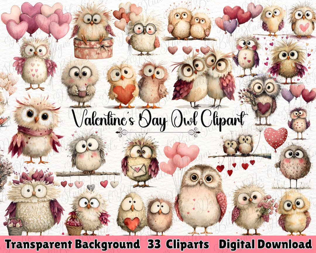 Valentine Day Owl Clipart, Watercolor Valentines Owl Pngs, Whimsical ...