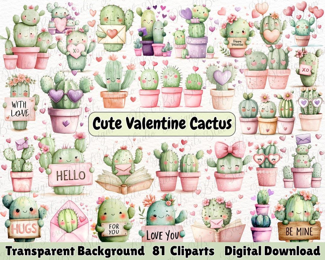 Cactus Valentine Clipart | Kawaii Love Plant & Heart Cactus ...