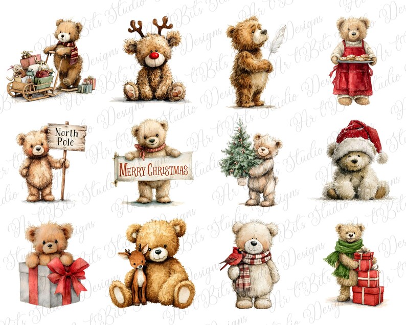 Christmas Teddy Bear Clipart Bundle, Festive Holiday PNG, Rustic Red ...