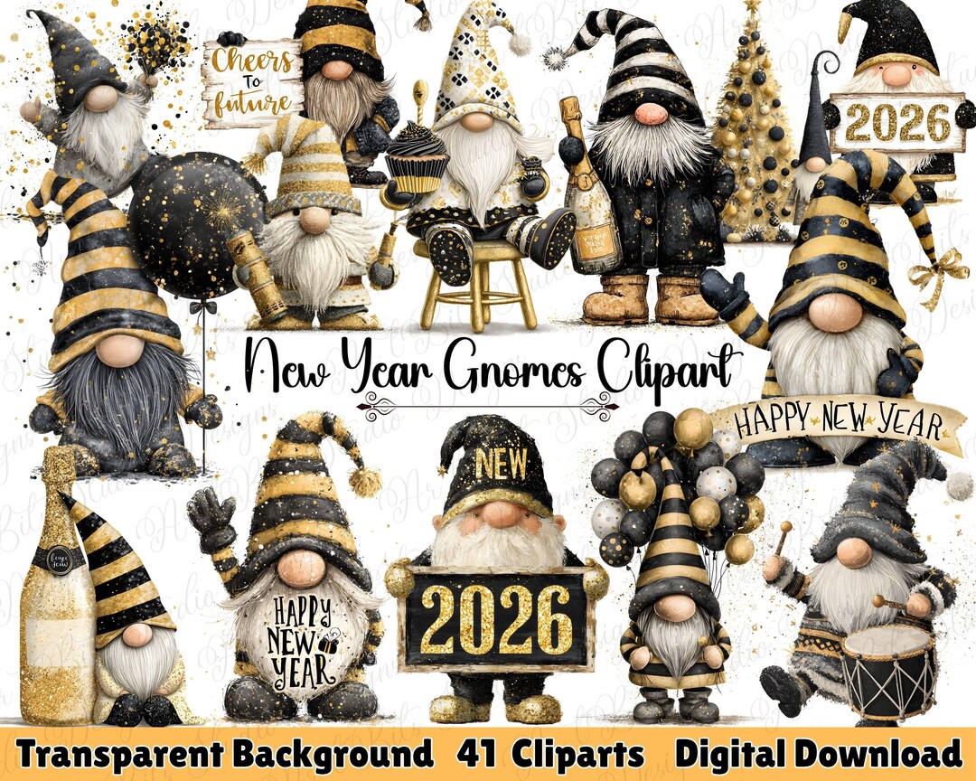 Watercolor New Year Gnomes Clipart | Festive 2026 PNG (digital Download ...