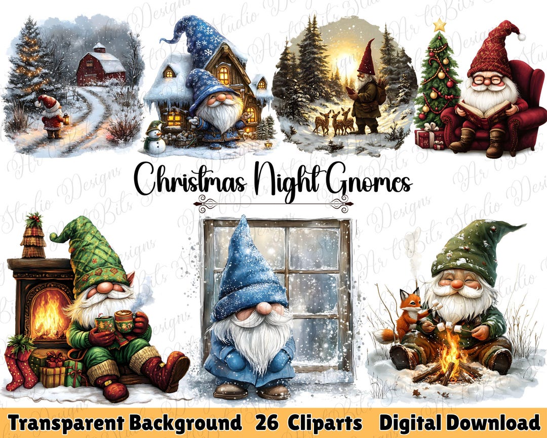 Watercolor Christmas Gnomes Clipart, Night Gnomes & Christmas Tree PNG ...