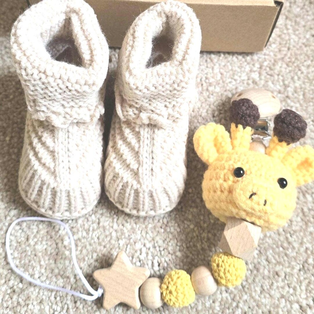 Crochet Giraffe Clip and Knitted Beige Booties - Boxed - Etsy