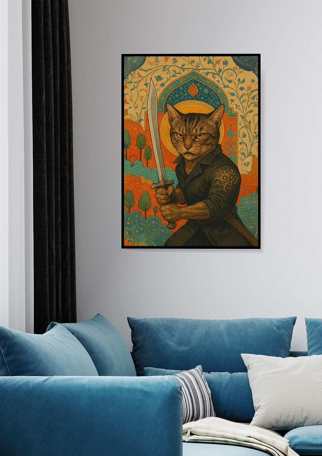 Warrior Cat Poster Medieval Wall Art – Feline Sword Fighter Digital ...