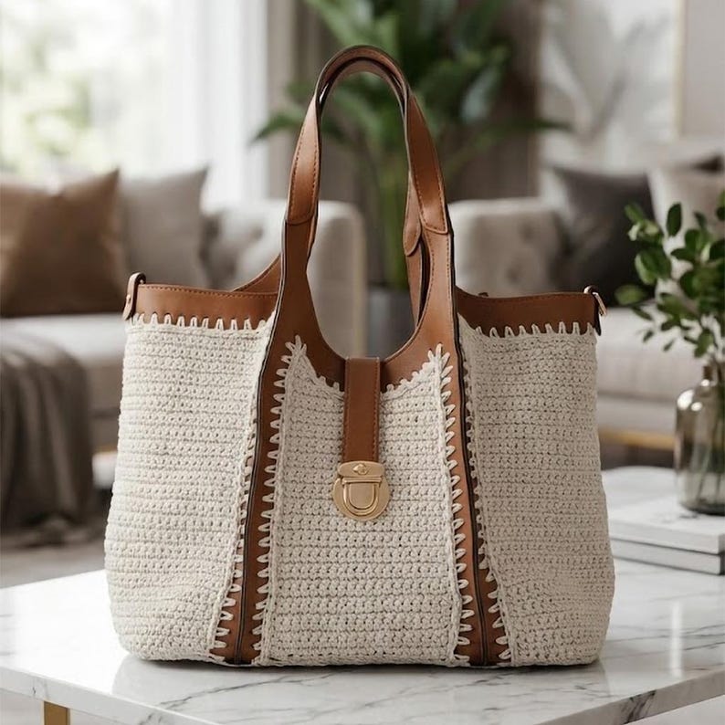 Crochet Tote Bag With Leather Handles, Boho Summer Shoulder Purse ...