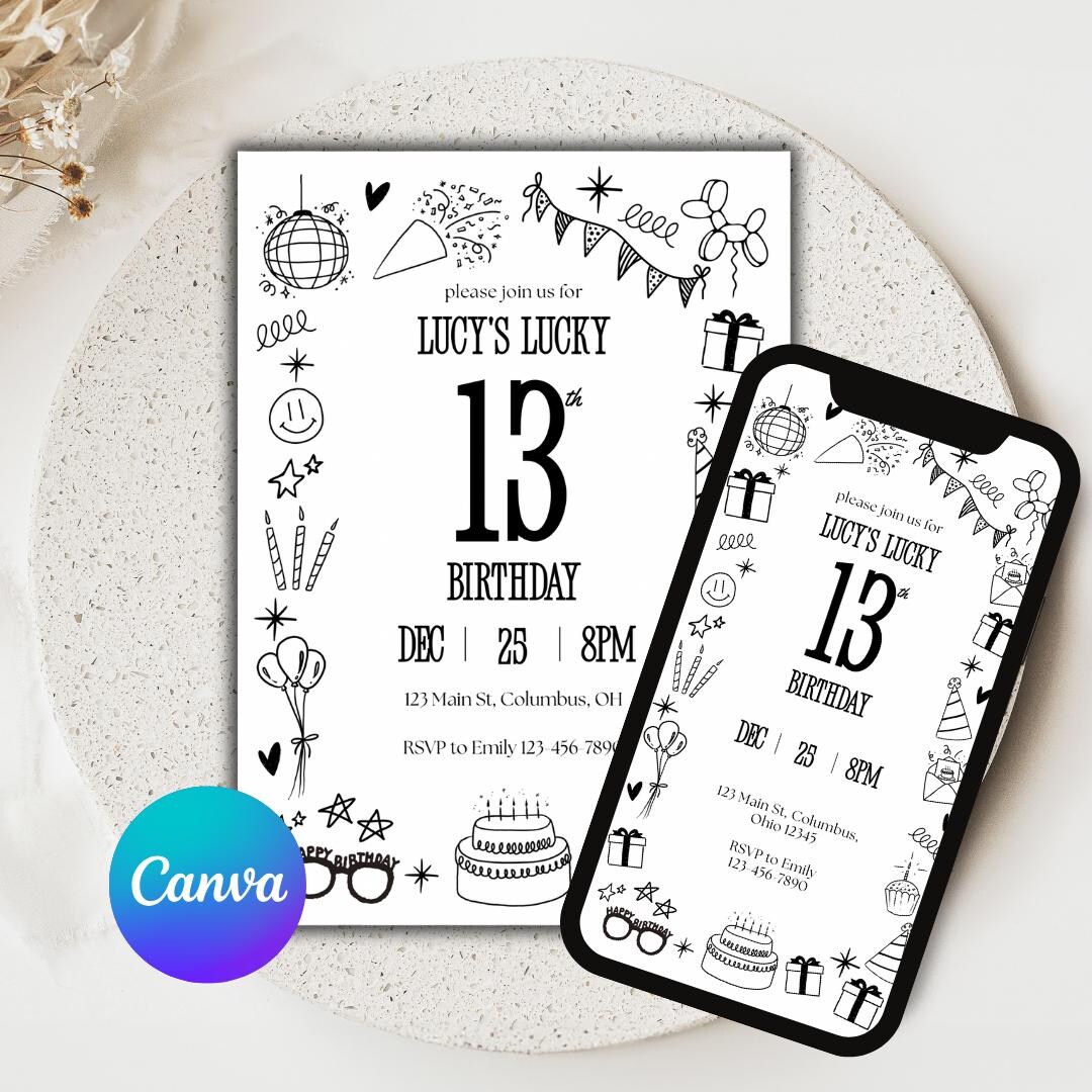 13th Birthday Invitation for Girls Birthday Hand Drawn Invitation ...