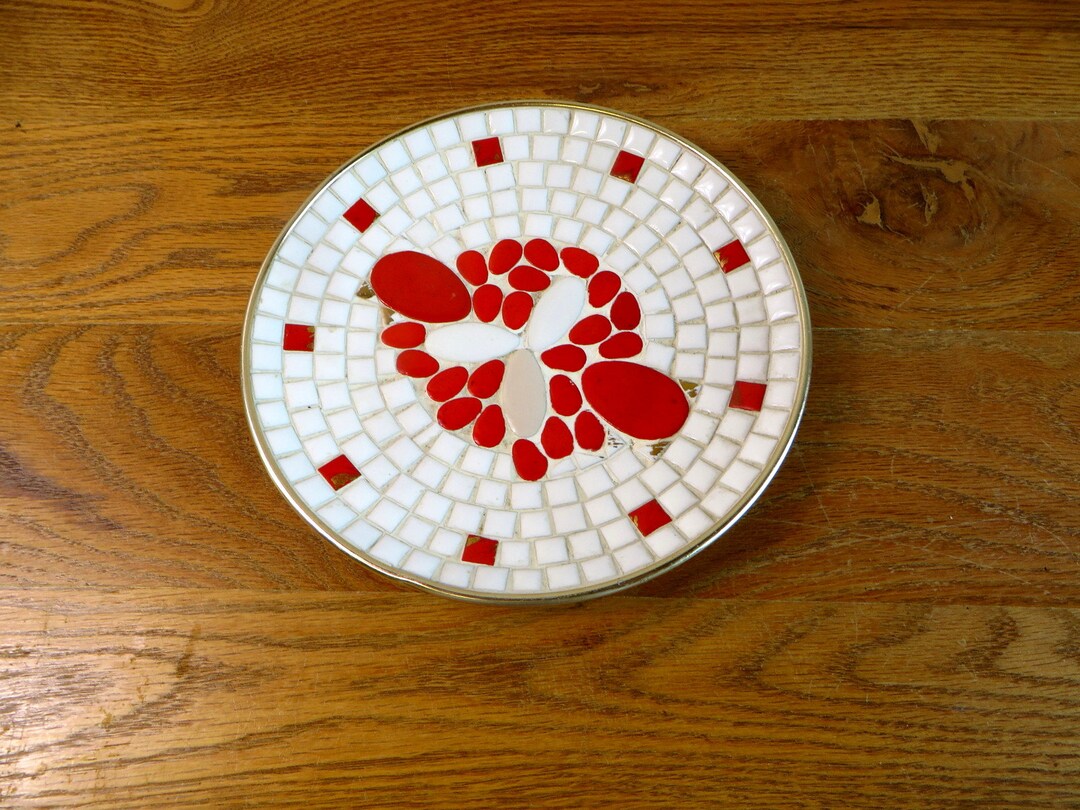 Vintage Mid Century Mosaic Tile Plate Red, White & Gold Decor - Etsy