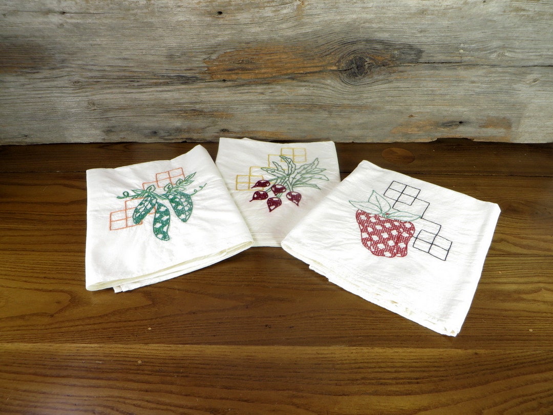 Vintage Kitchen Towels 3 Tea Towels With Embroidered Fruit and ...