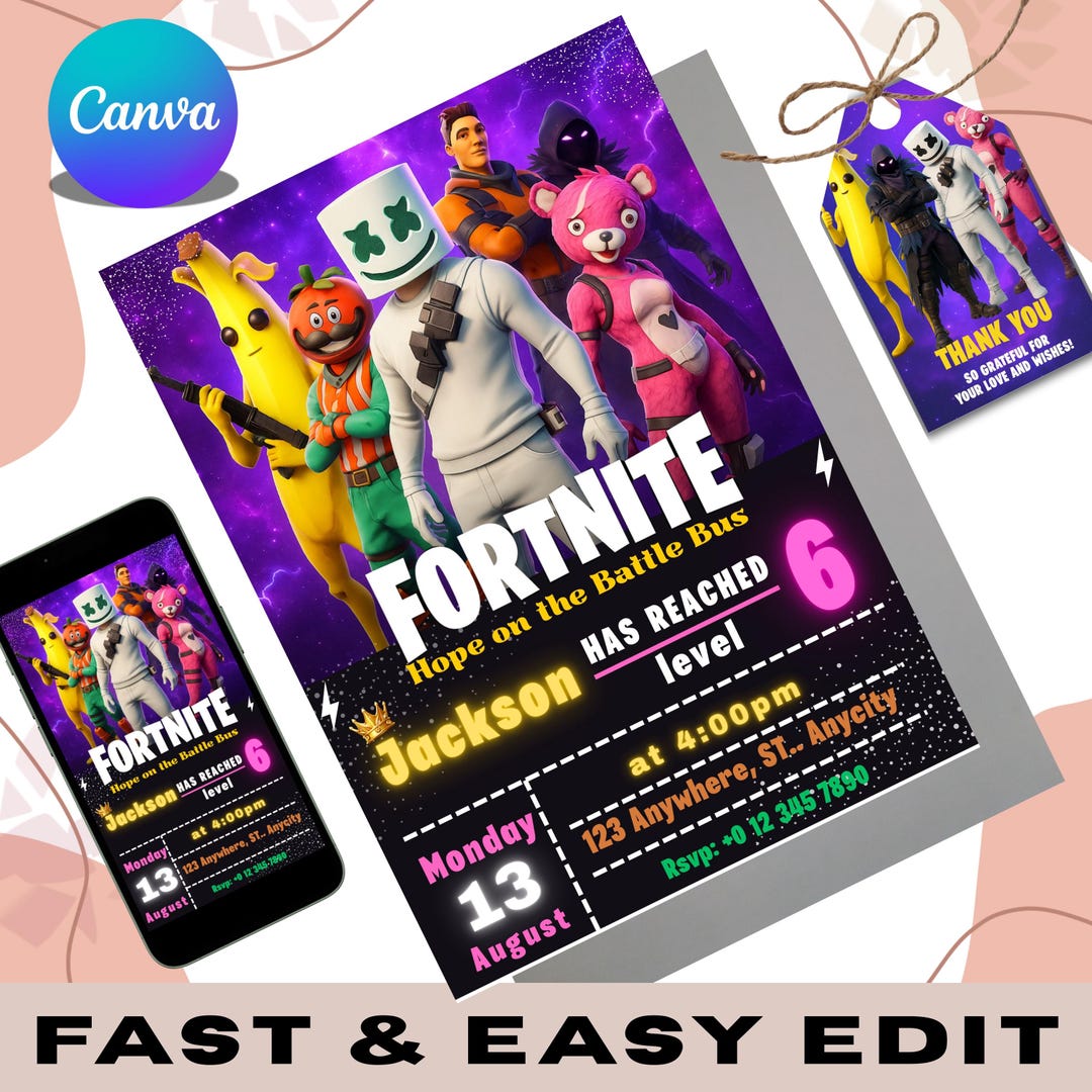 Editable Fort Night Birthday Invitation | Boy Gaming Party Card ...