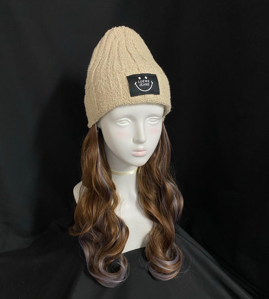 Smiley Face Knitted Hat Wig, Long Curly Brown Hair With Blue Highlights ...
