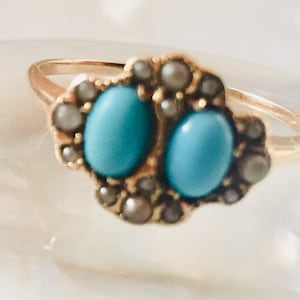 Victorian 10K Gold Turquoise 12 Seed Pearls Ring 10 Ct Gold 2 Turquoise ...