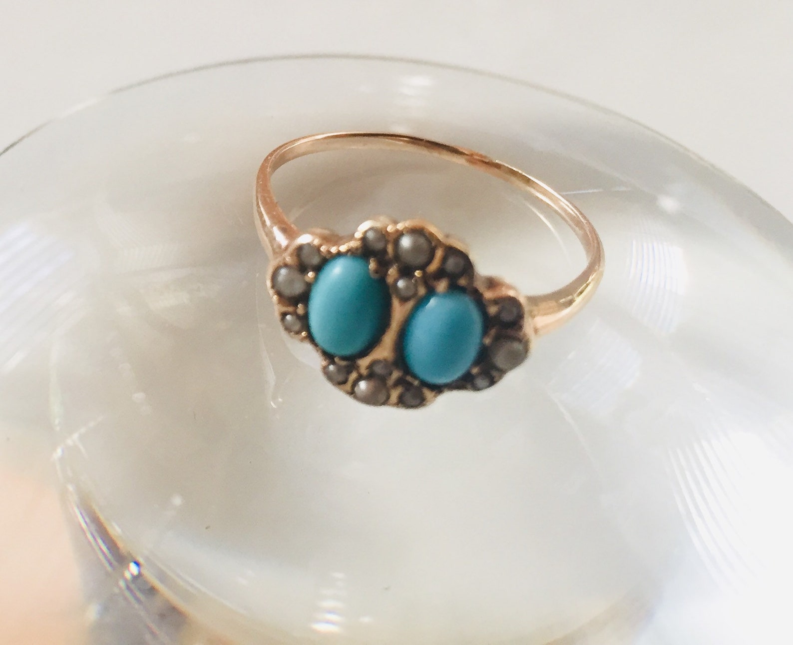 Victorian 10K Gold Turquoise 12 Seed Pearls Ring 10 Ct Gold 2 - Etsy