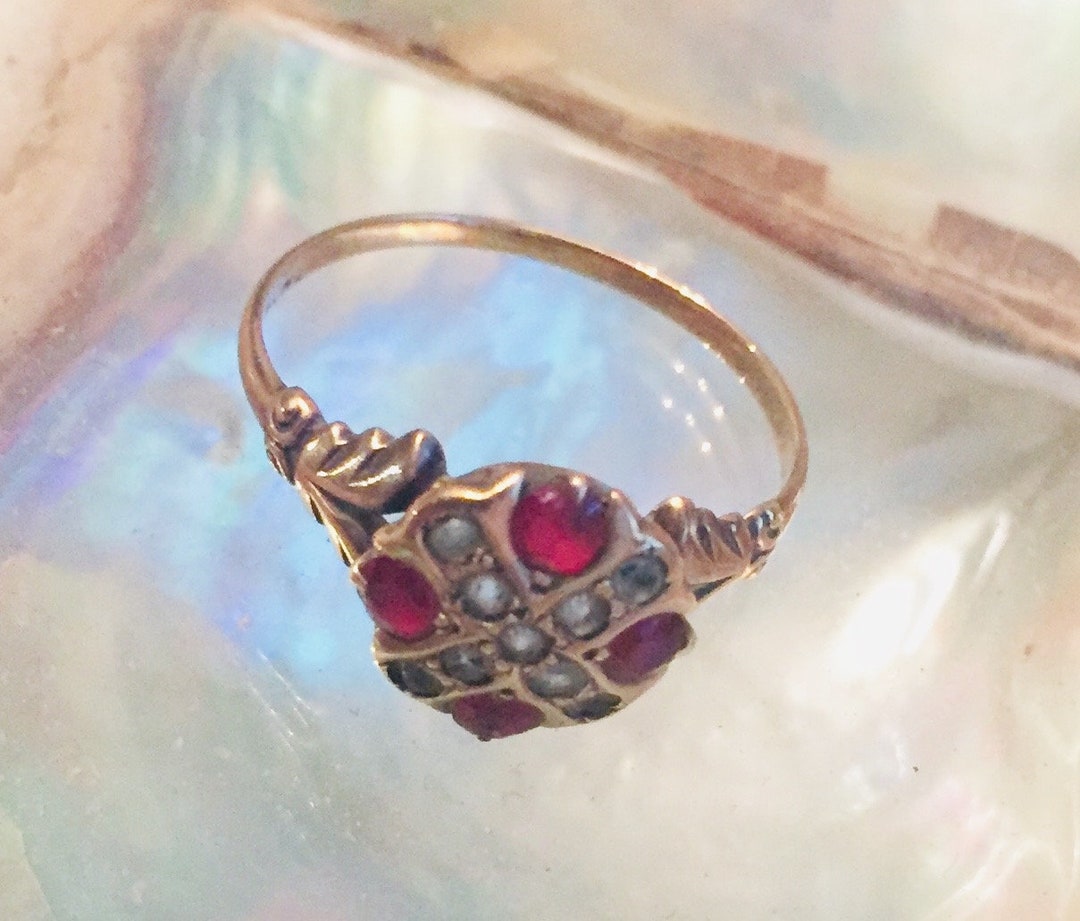 Victorian 12K Gold Ring Garnets Paste Diamonds Hallmark Great Design Sz ...