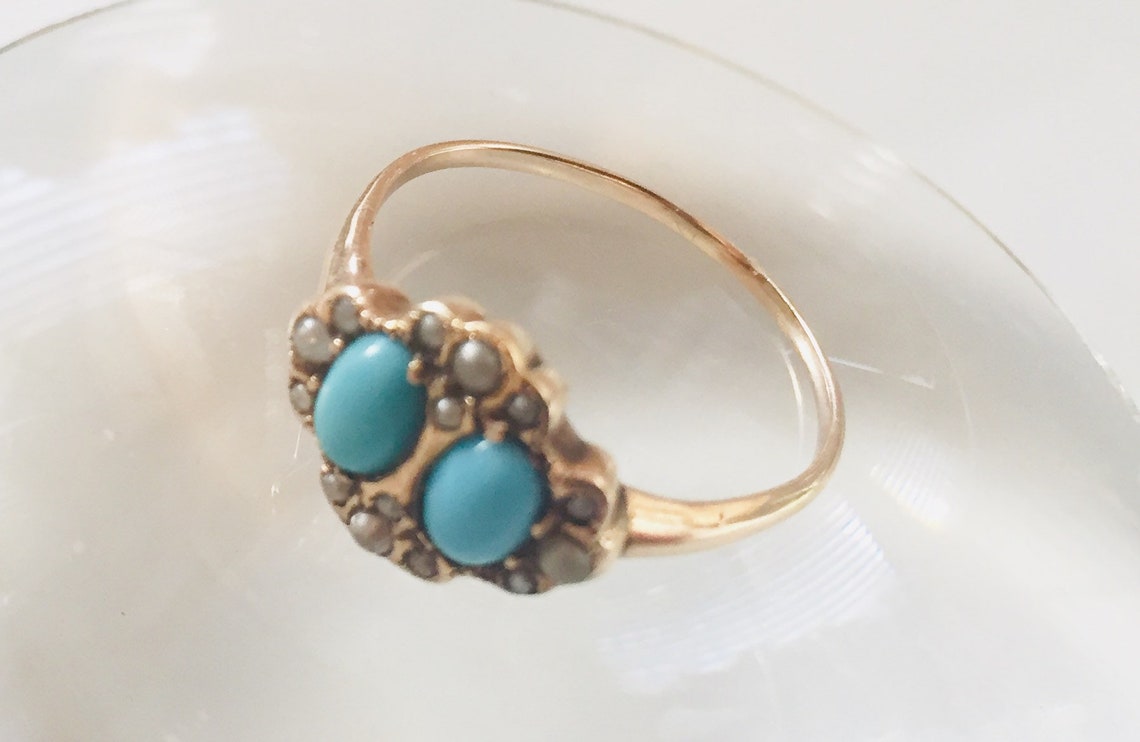 Victorian 10K Gold Turquoise 12 Seed Pearls Ring 10 Ct Gold 2 Turquoise ...
