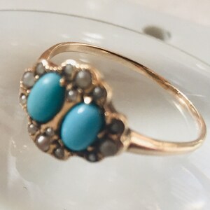 Victorian 10K Gold Turquoise 12 Seed Pearls Ring 10 Ct Gold 2 Turquoise ...