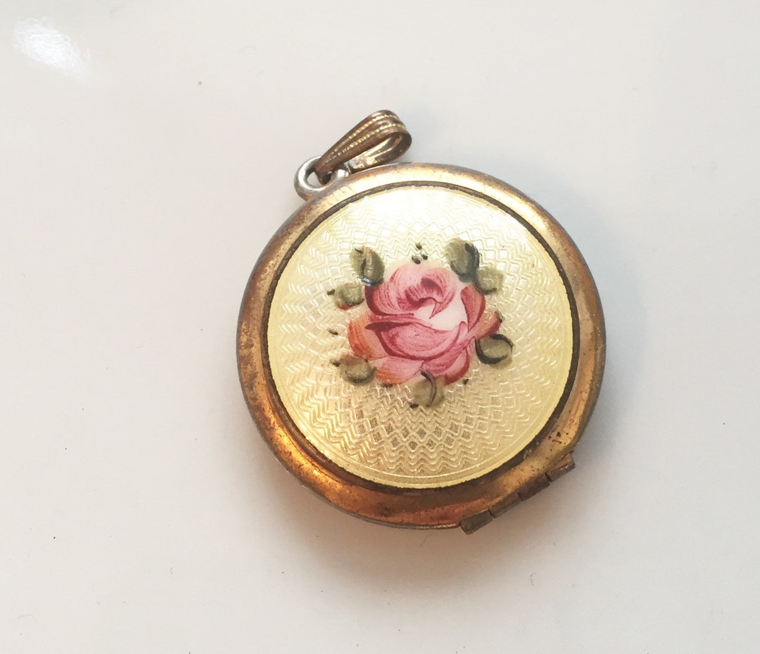 1920s Guilloche Enamel Locket Handpainted Rose on Butter Yellow ...