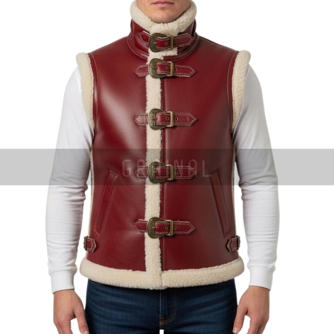 Handmade Red Leather Santa Vest: Shearling Trim, Gothic Cosplay - Etsy