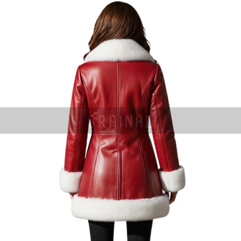 Red Genuine Leather Santa Coat: Fur Trim Zip-up Christmas Outerwear - Etsy