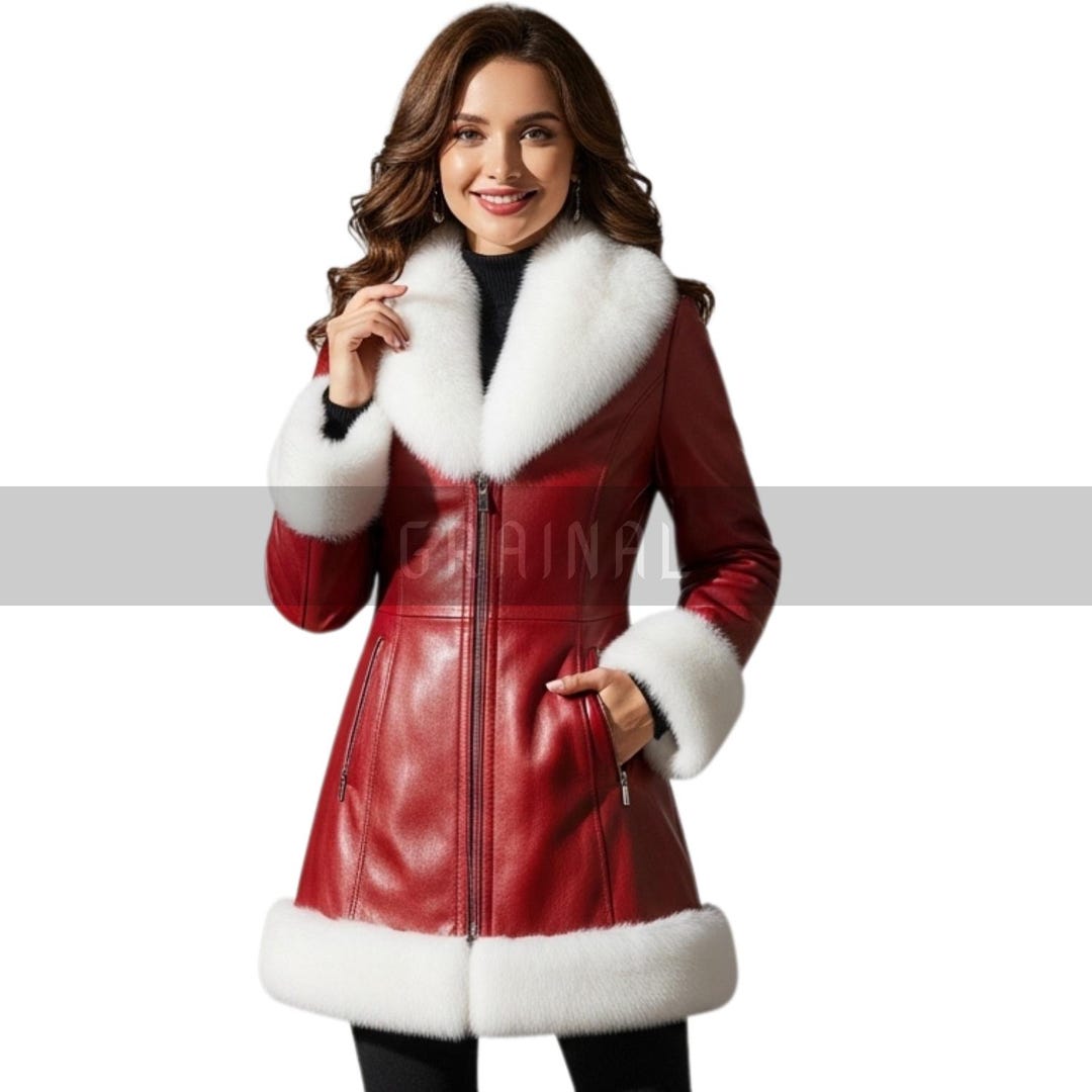 Red Genuine Leather Santa Coat: Fur Trim Zip-up Christmas Outerwear - Etsy