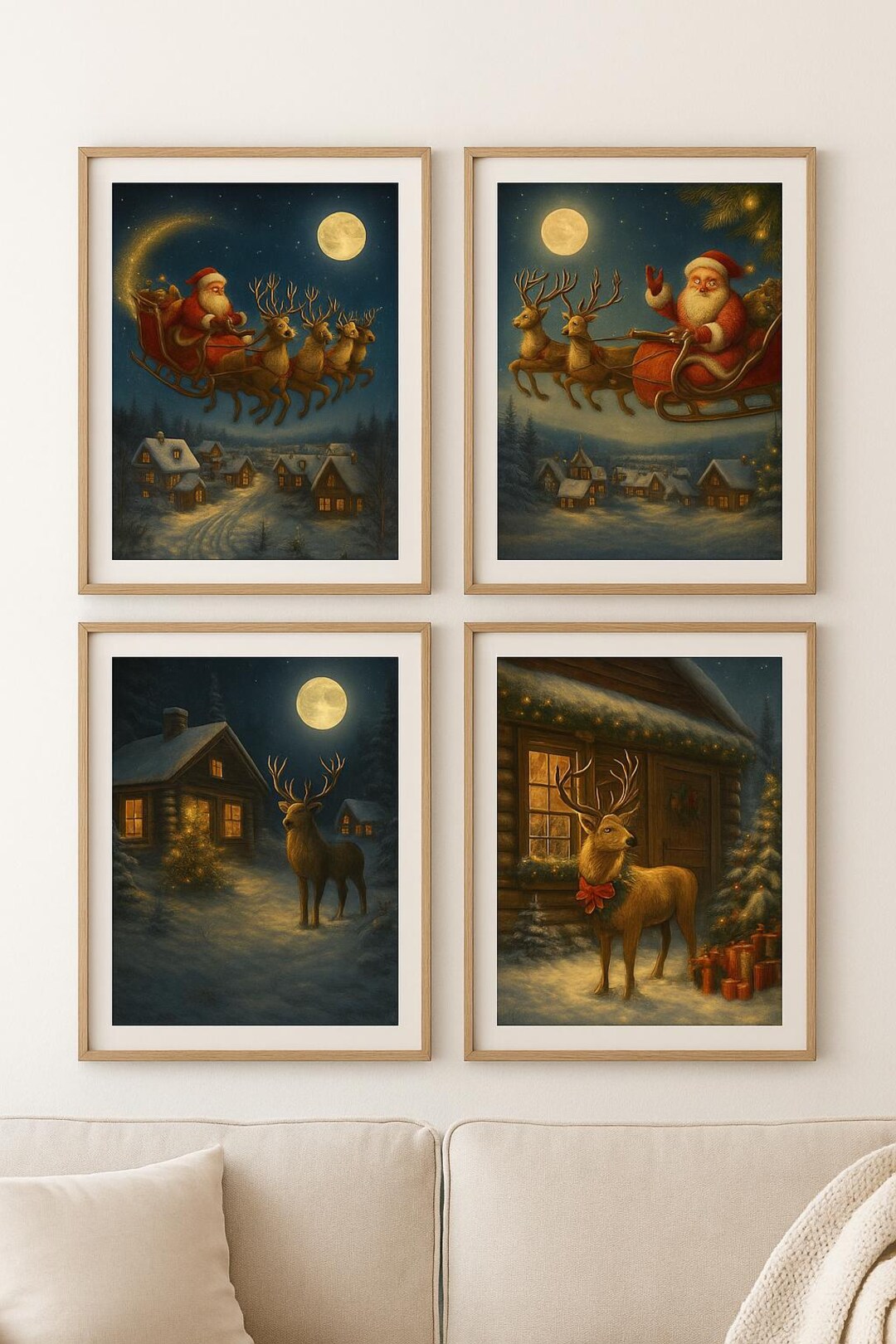 Christmas Wall Art Bundle Set of 4 – Vintage Santa Sleigh & Reindeer ...