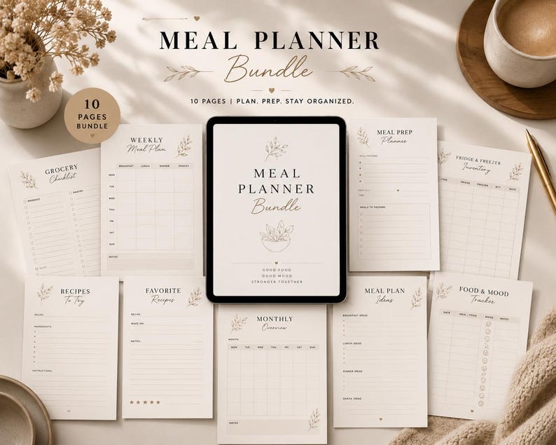Minimalist Meal Planner Bundle, Weekly Food Organizer, Grocery List ...