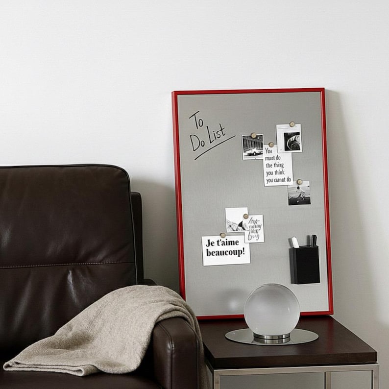 Framed Magnetic Board - Brushed Metal Memo Board for Desk or Wall ...
