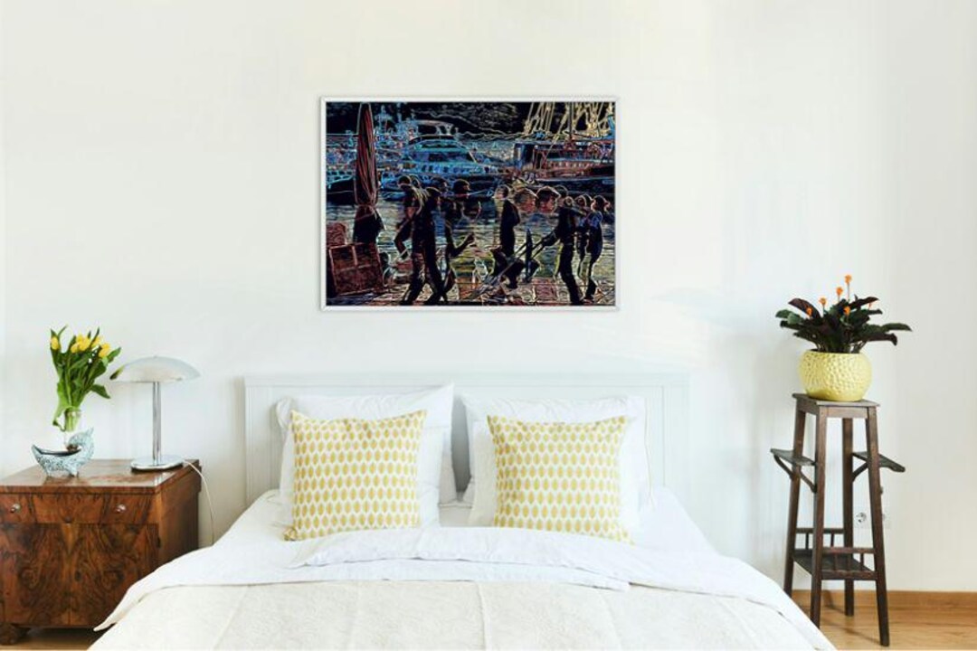 Harbor Workers Night Scene Art Print - Maritime Labor at Dock - Working ...