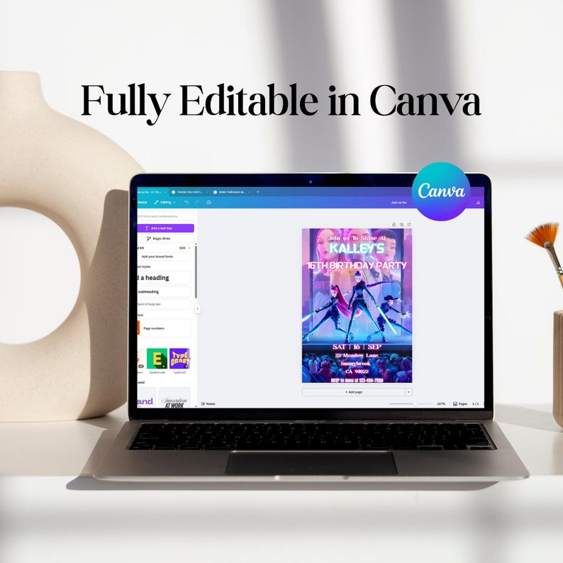 KPOP Demon Hunters Birthday Invitation, Neon Sweet Sixteen (EDITABLE ...