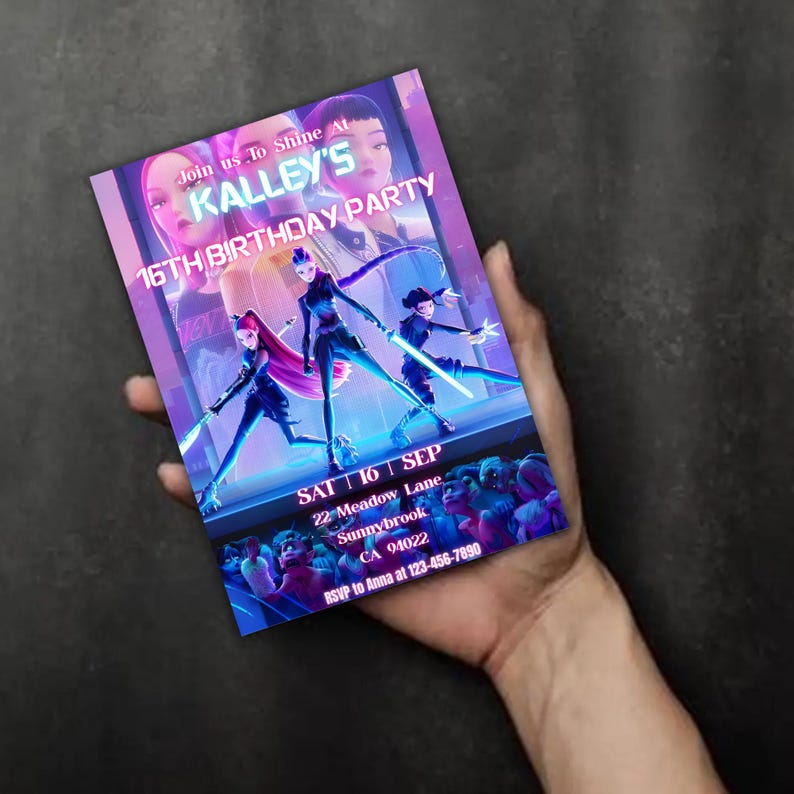 KPOP Demon Hunters Birthday Invitation, Neon Sweet Sixteen (EDITABLE ...