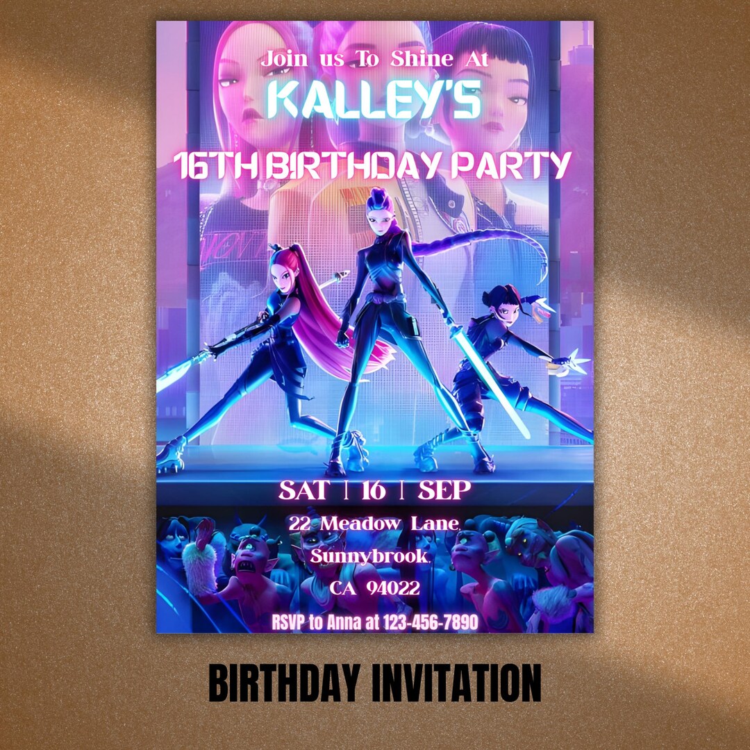 KPOP Demon Hunters Birthday Invitation, Neon Sweet Sixteen (EDITABLE ...