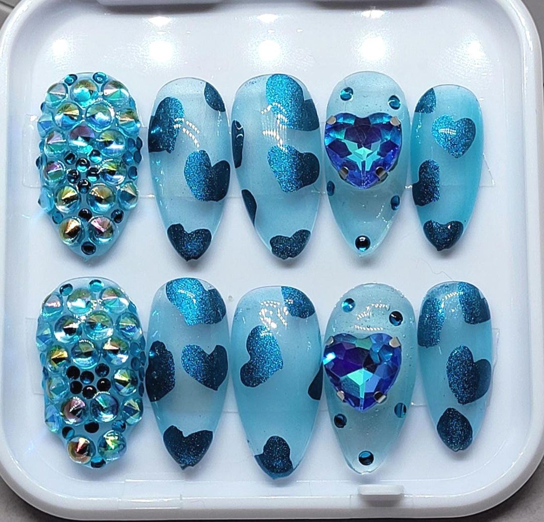 Handmade Press on Nails | Blue Heart Gemstone Nail Set - Etsy