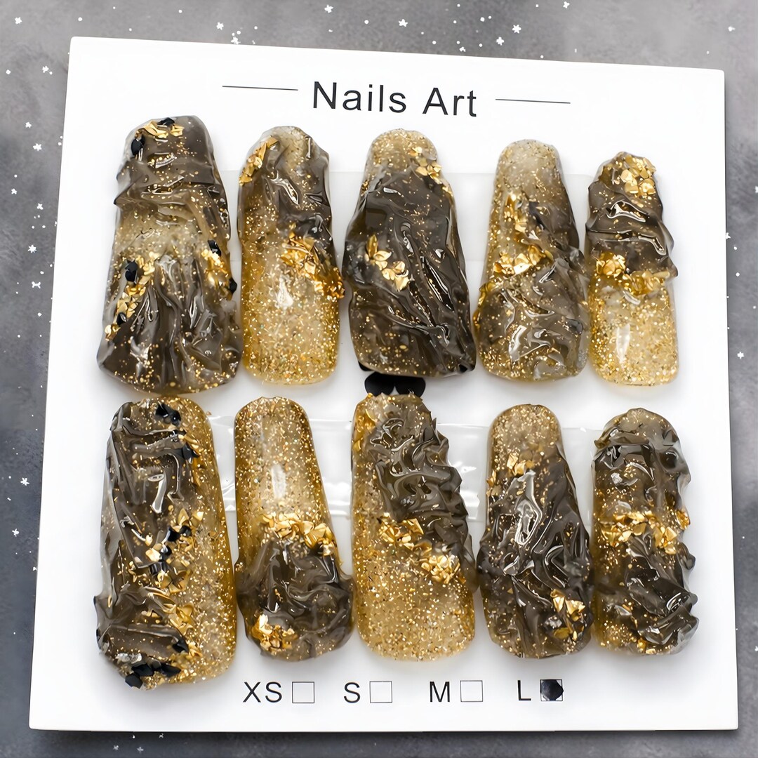 Gold Ember Press on Nails | Brown Gold Glitter Nails | Alternative Glam ...