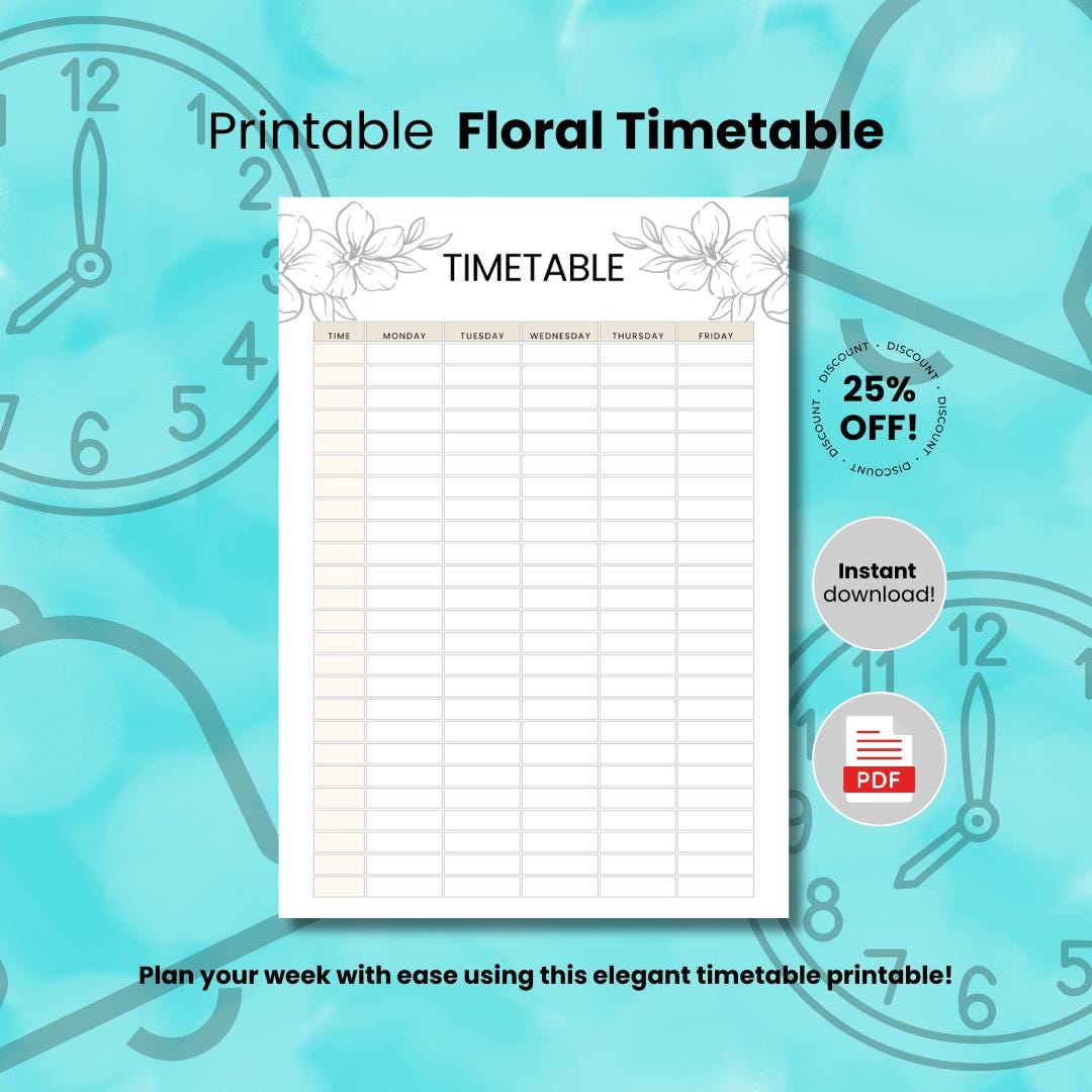 Printable Timetable Digital Timetable Printable Floral Timetable ...