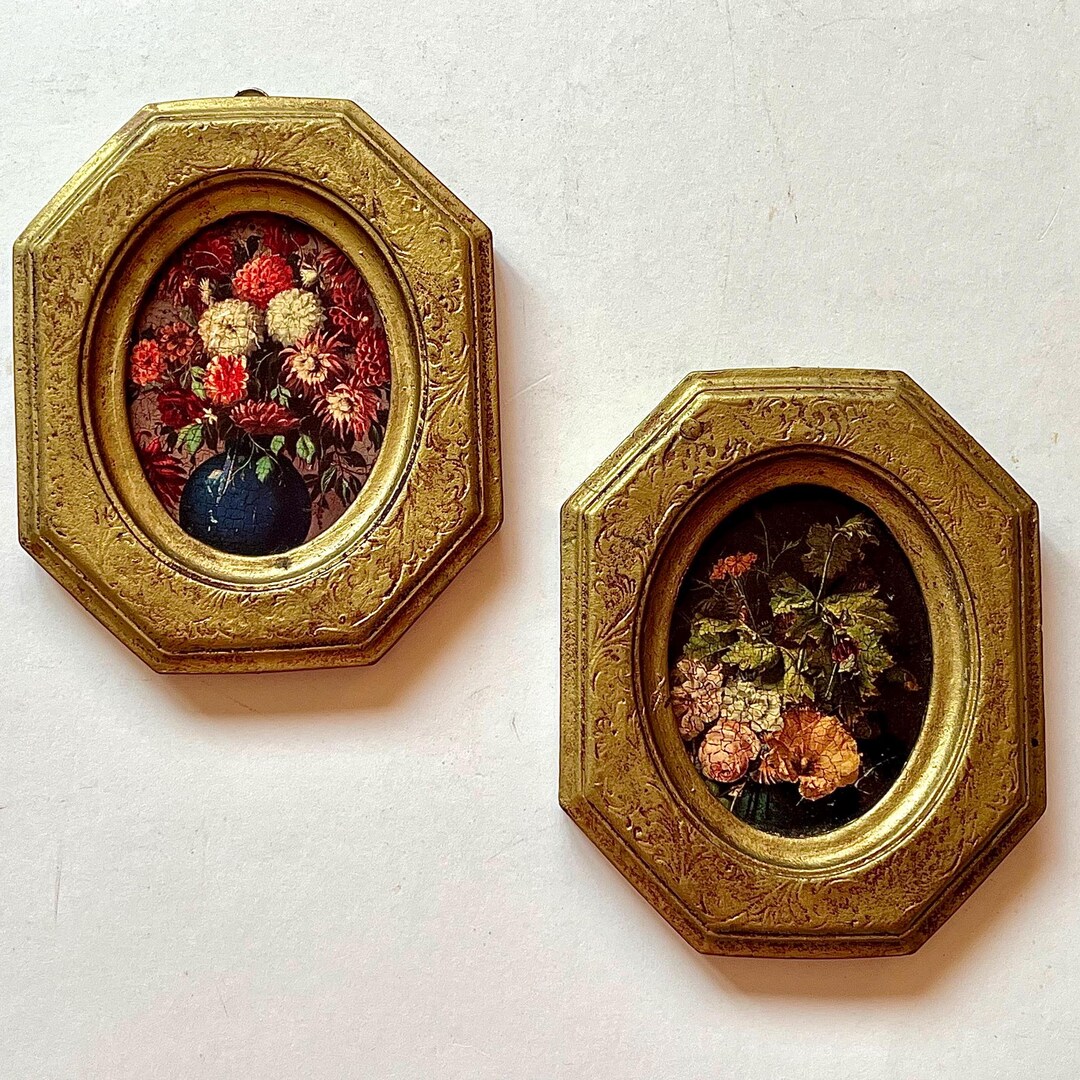 Vintage Floral Prints, Still Life Pair, Made in Italy, Small Florentine ...